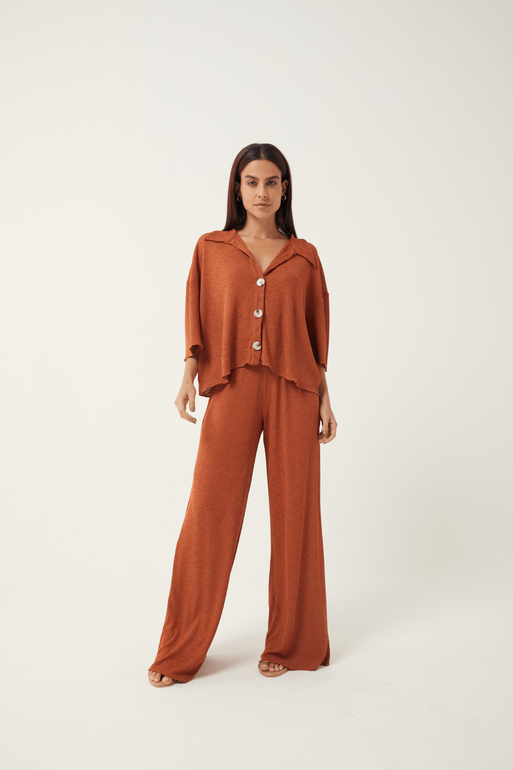 Conjuno Calça + Camisa Ribana Lette Beachwear - Marrom - Gallerist